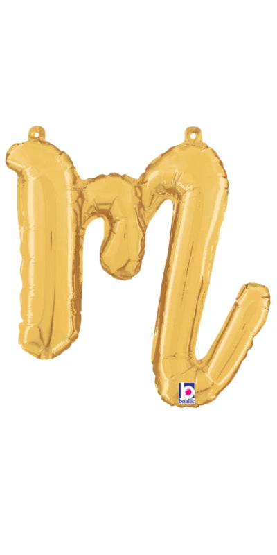 Gold M Letter Script - 14 in - funnyballoonspr